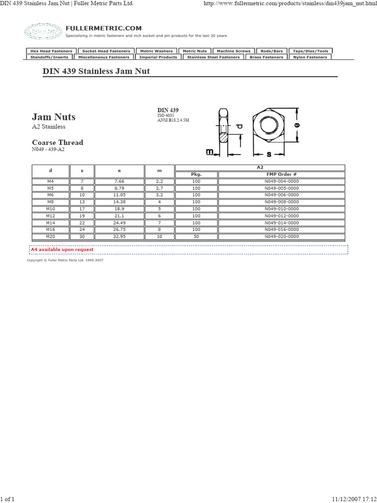 DIN 439 Stainless Jam Nut - Fuller Metric Parts Ltd. | PDF