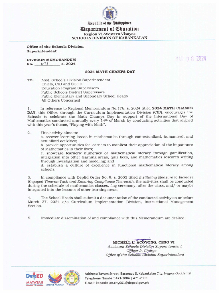 Division Memorandum No. 071 S 2024 2024 Math Champs Day | PDF