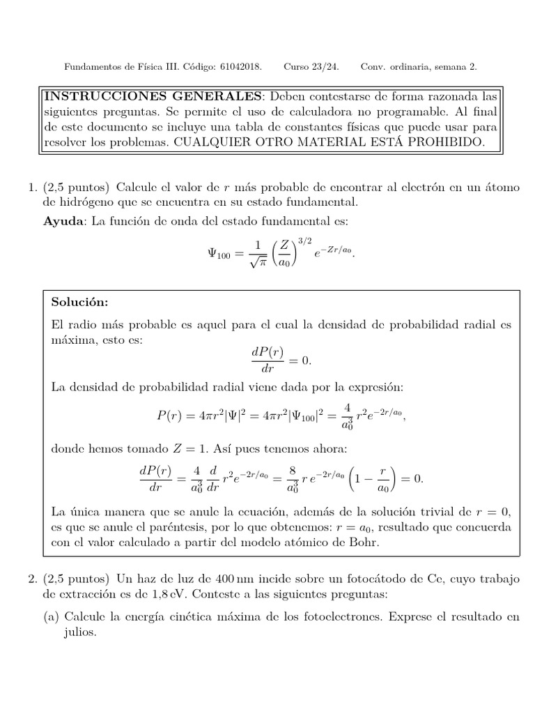 FFIII 24 Febrero2 v2 SOLUCIONES | PDF | Electronvoltio | Electrón