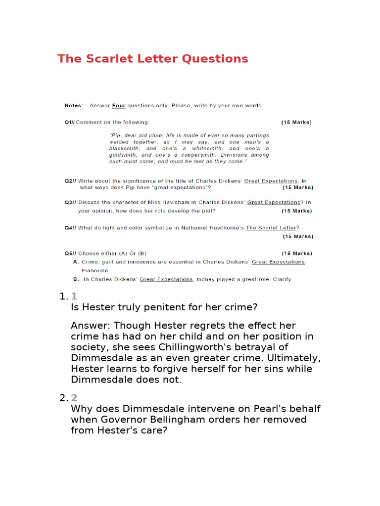 Scarlet Letter Study Questions & Answers | PDF | The Scarlet Letter ...