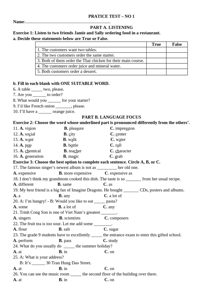 Pratice Test | PDF | School Meal | Lunch
