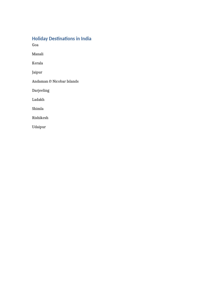 Holiday Destinations in India | PDF