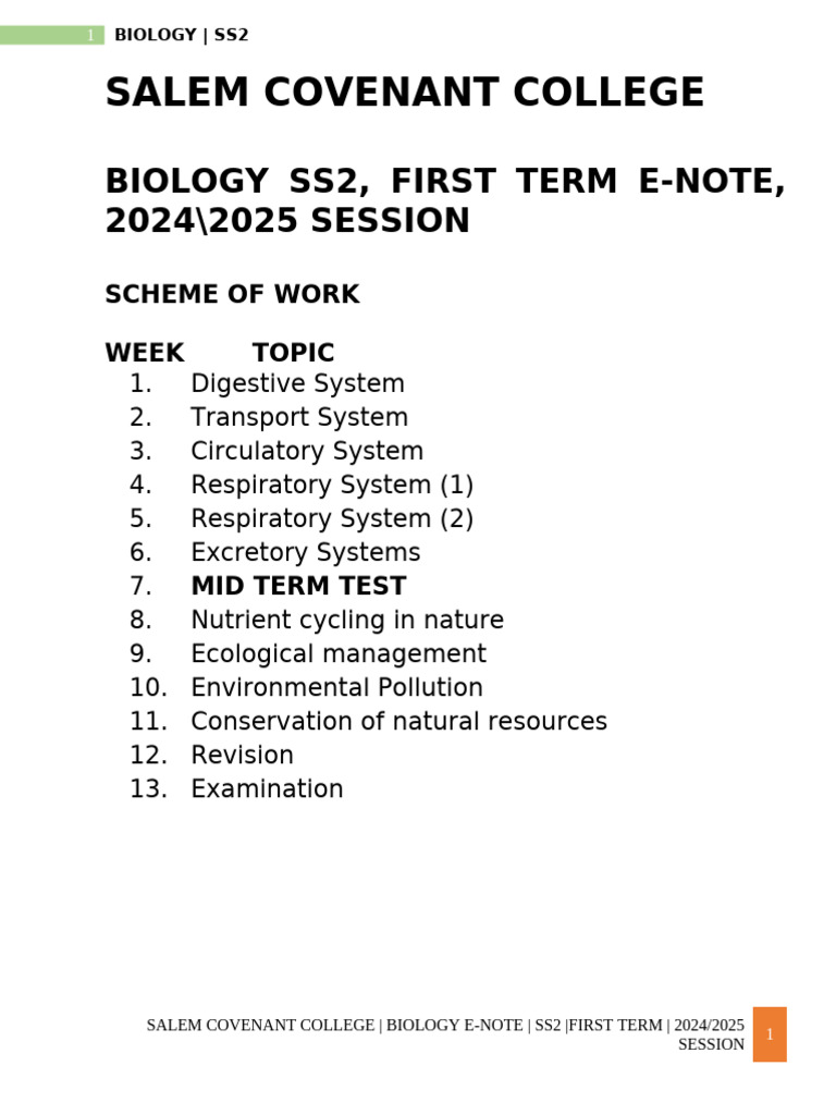 Bio Ss2 1st Term Enote 2024-2025 | PDF | Cellular Respiration | Heart