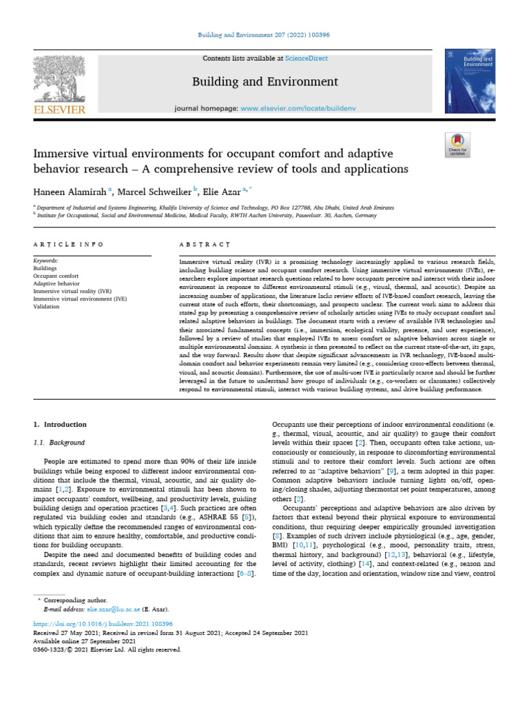Immersive Virtual Environments For Occupant Comfort and Adap - 2022 ...