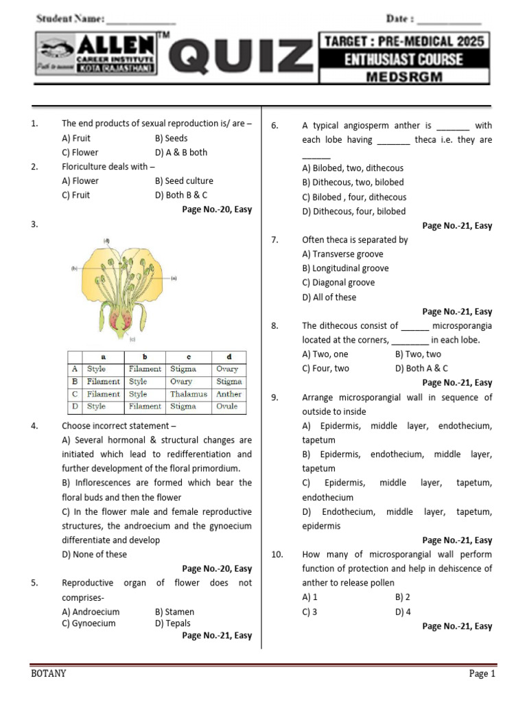 QUIZ #13 (Sexual Reproduction in Flowering Plant) | PDF | Seed ...