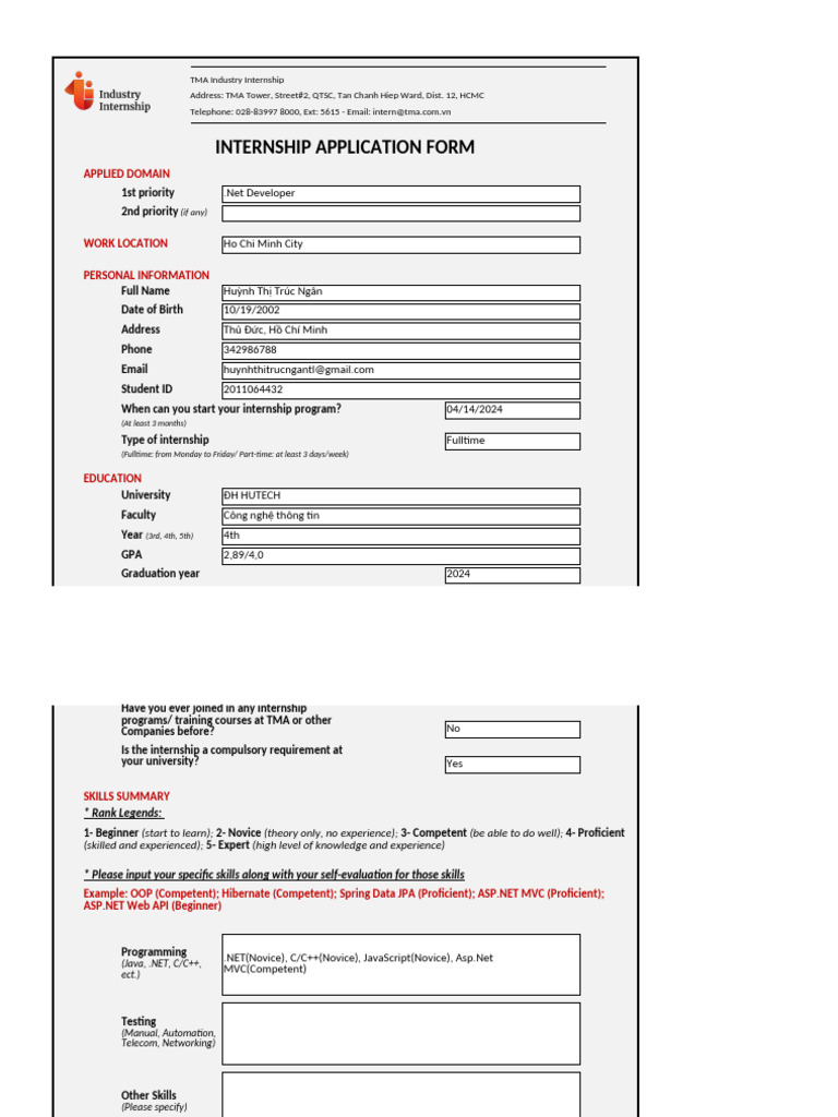 Internship Application Form | PDF