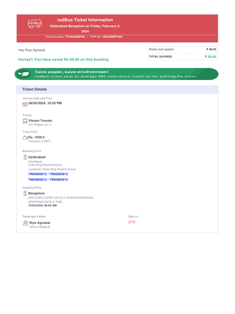 Hyderabad to Bangalore Bus Ticket Details | PDF | Baggage | Bus