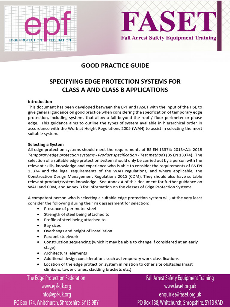 Good Practice Guide Specifying Edge Protection Systems For Class A and Class B Applications 1 | PDF