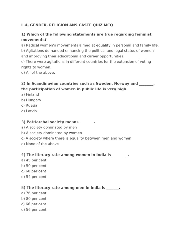 Quiz L 4 Gender Religion and Caste | PDF | Woman | Feminist Movement