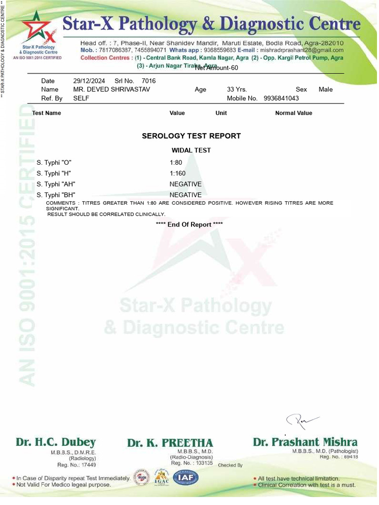 Widal Test Results for Patients | PDF