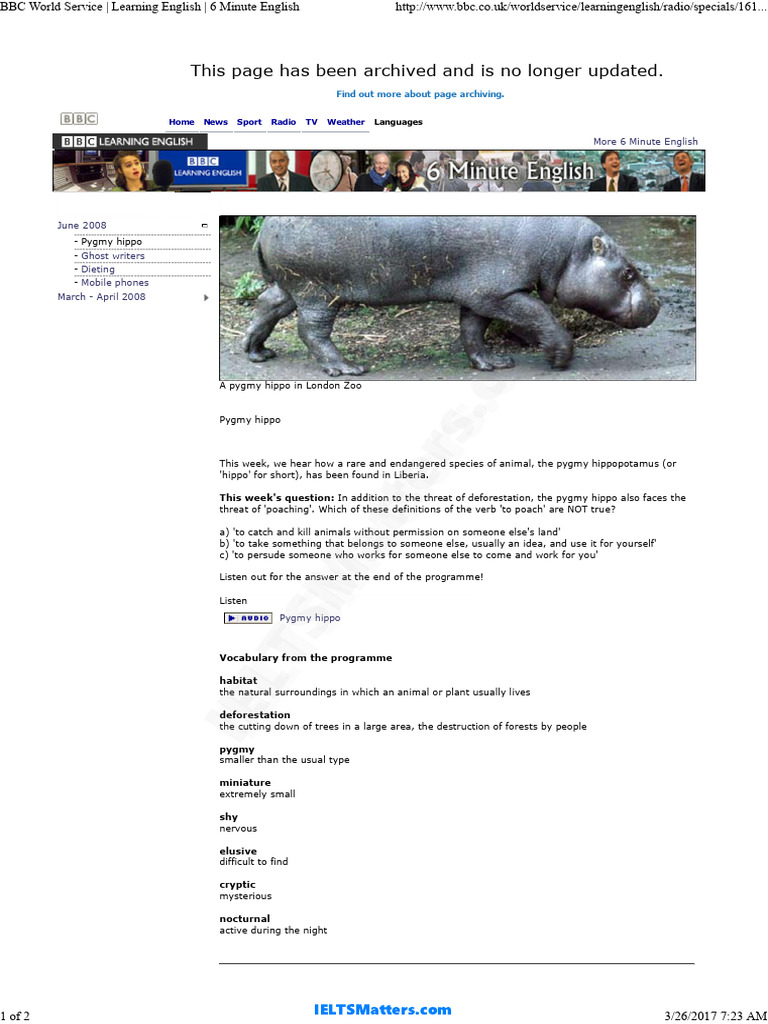 2008-06-25 - 6 Minute English - Pygmy Hippo | PDF | Hippopotamus