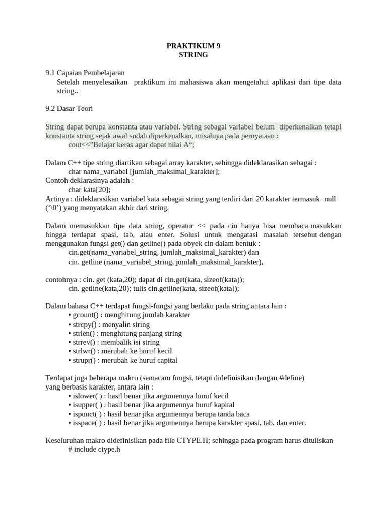 Praktikum Pemrograman C++ Tentang Data String | PDF