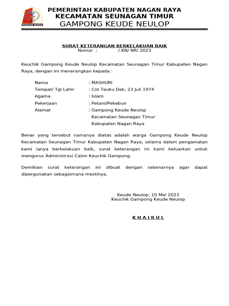 Surat Keterangan Berkelakuan Baik | PDF