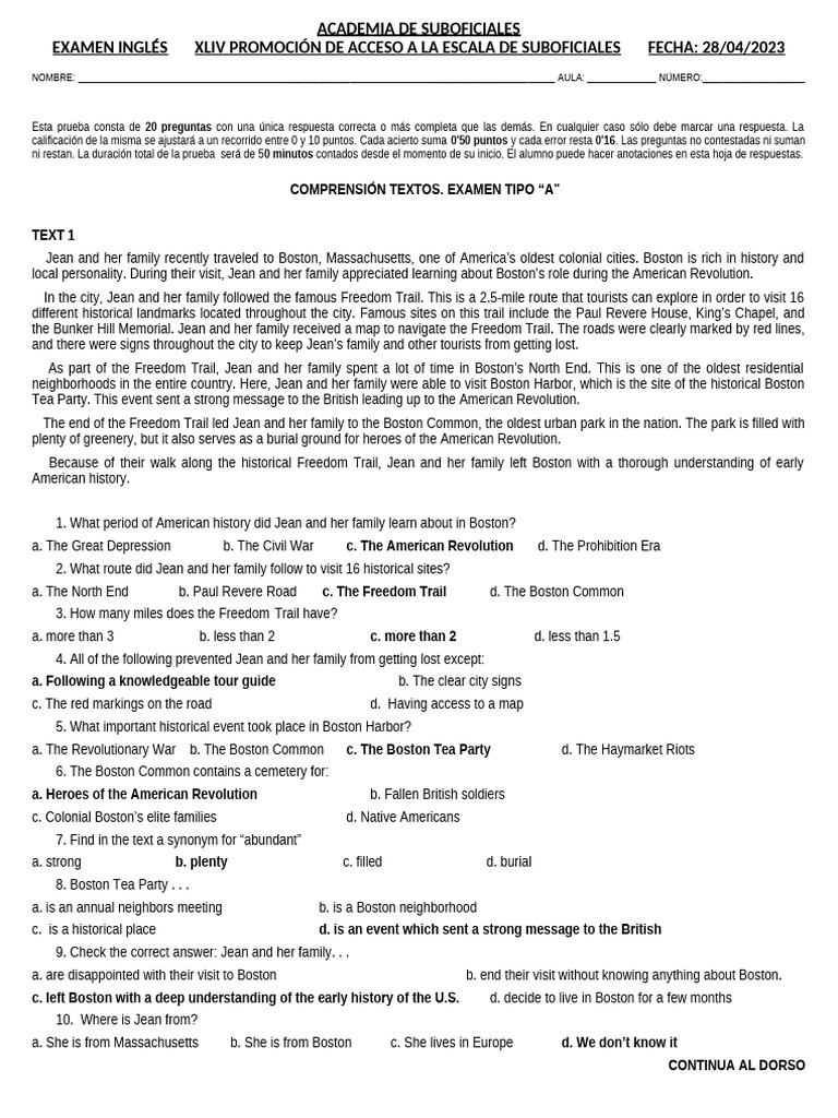 CE Reading Comprehension A Answers Version2 | PDF | Boston | American ...