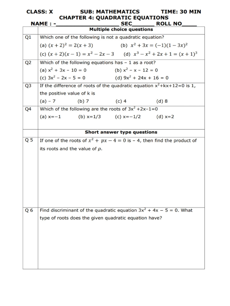 Ch-4 Quadratic Equation | PDF