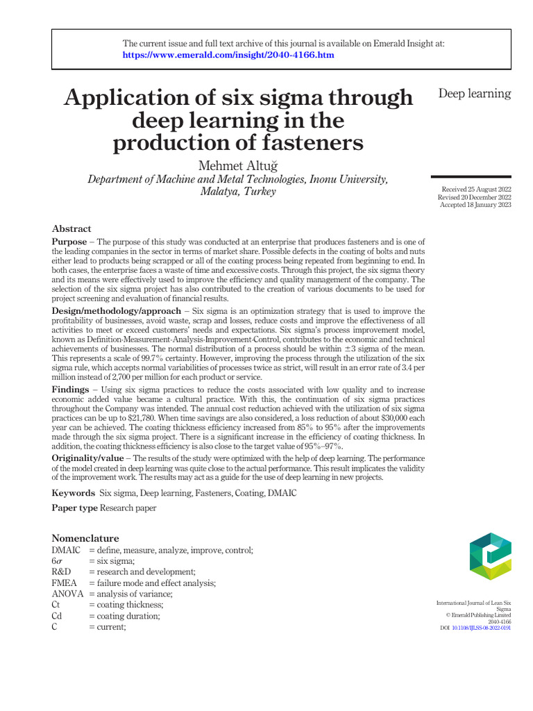 Application of Six Sigma Through Deep Learning in The Production of ...