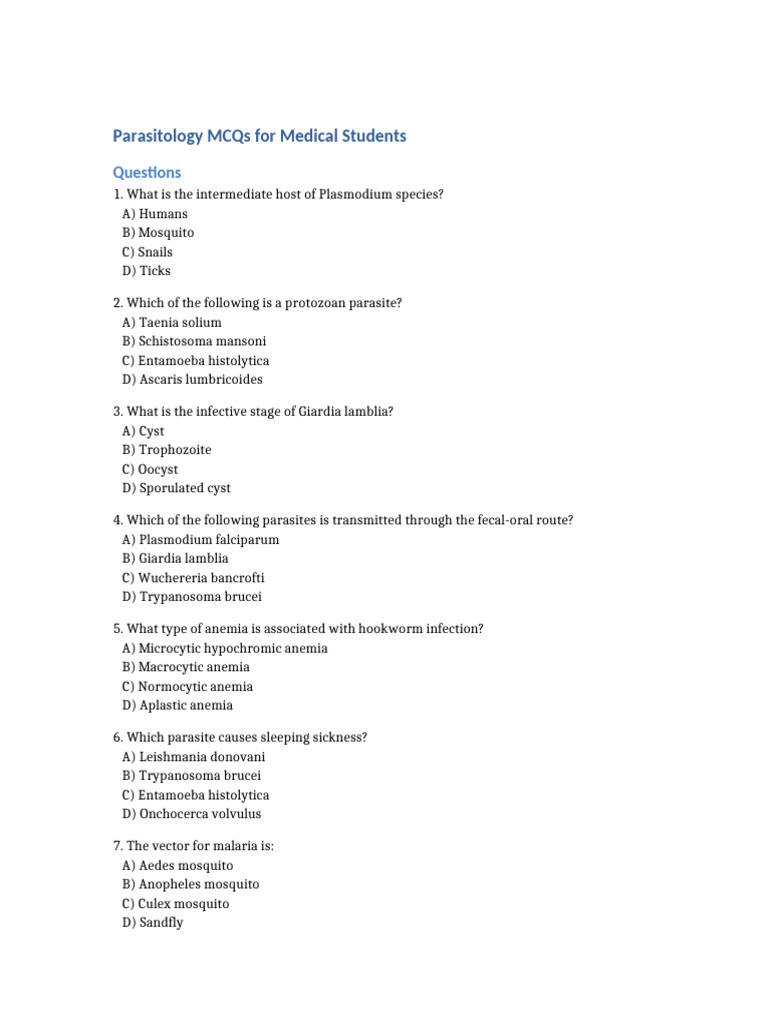 Parasitology MCQs Medical Students Updated | PDF | Parasitism ...