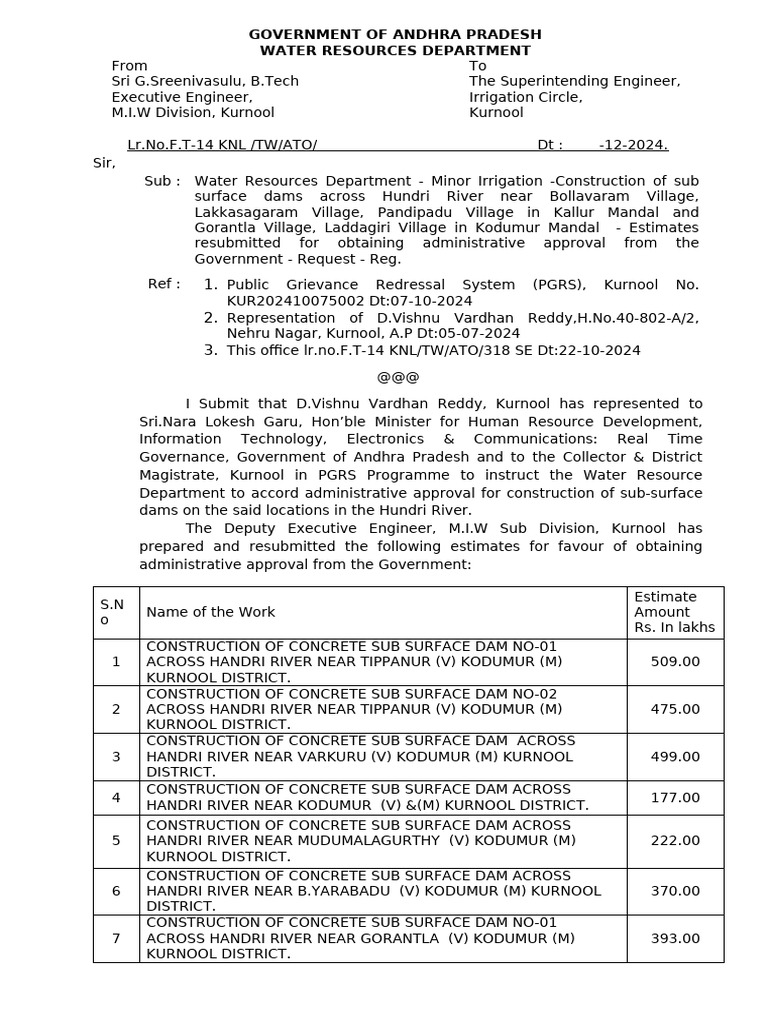 Ee To Se Submission of Sub Surface Dams Estimates On The Hundri River ...