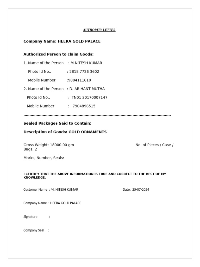 BVC Authority Letter - Format | PDF