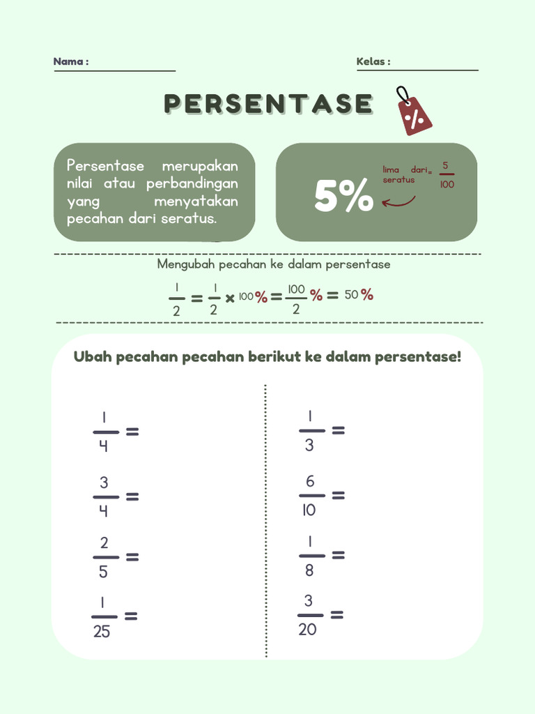 Mengubah Pecahan Ke Dalam Bentuk Persentase Lembar Kerja Matematika | PDF