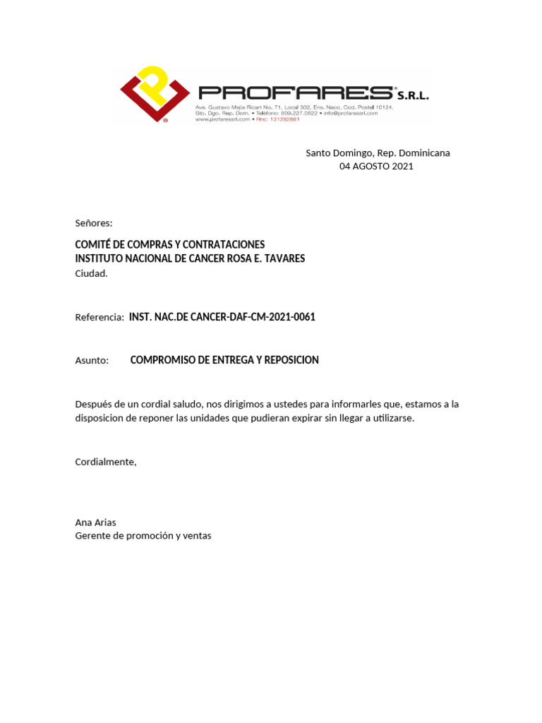 Carta Compromiso de Entrega y Reposicion Incart | PDF
