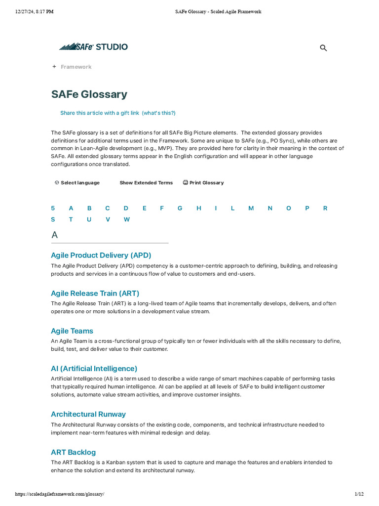 Safe Glossary Scaled Agile Framework New Pdf Agile Software Development Scrum Software