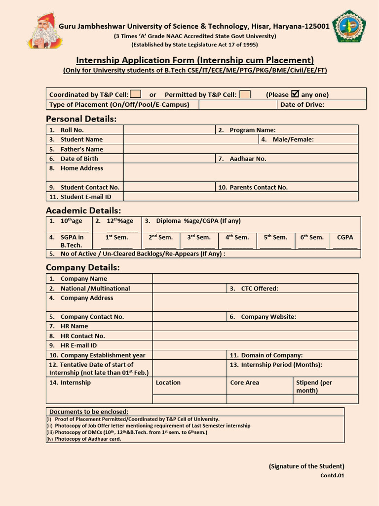 Form Internship With Placement University 2022 1 | PDF