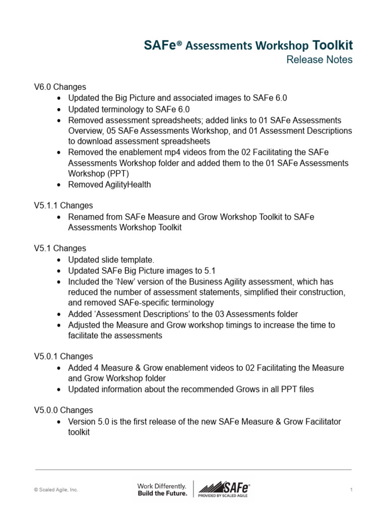 01 SAFe Assessments Workshop Toolkit Release Notes (6.0) - New | PDF