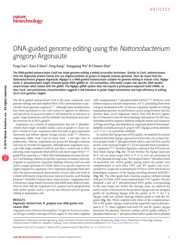 DNA-guided genome editing using the Natronobacterium gregoryi Argonaute - 副本 | PDF | Dna | Rna
