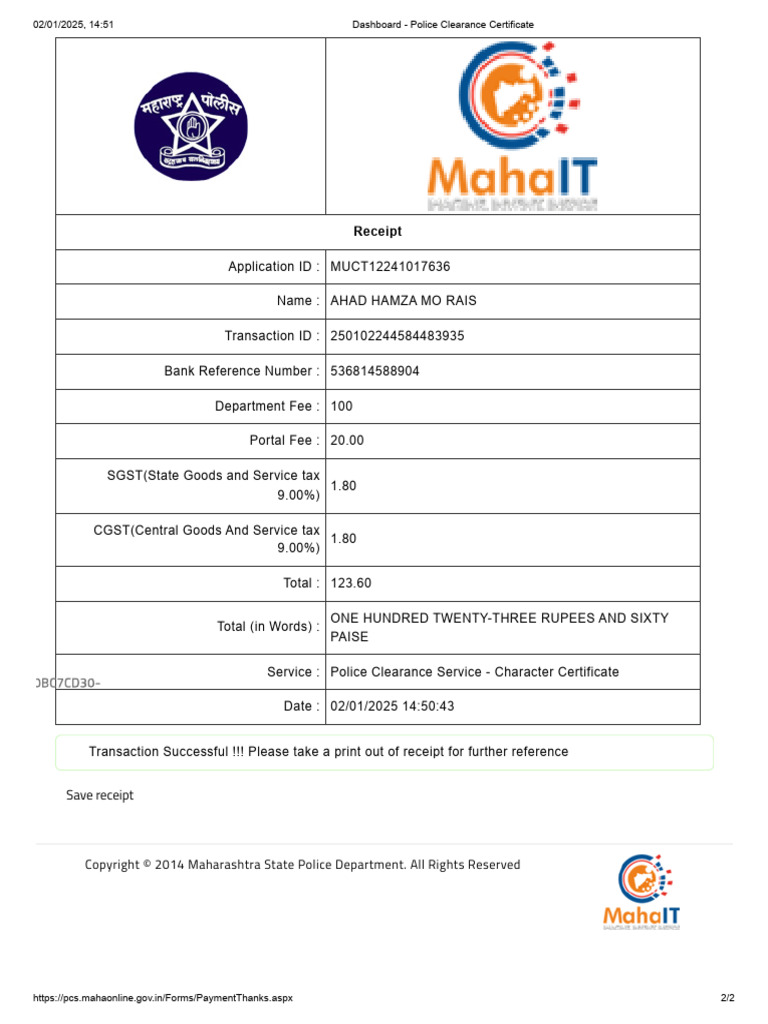 Police Clearance Certificate Receipt 2025 | PDF