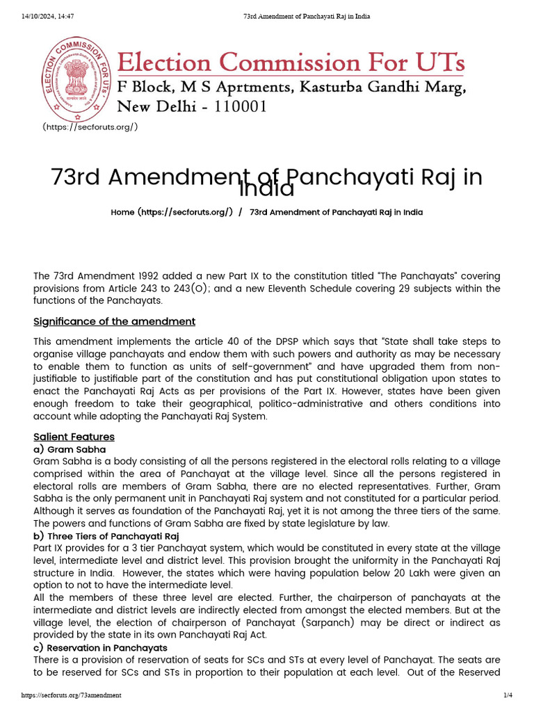 73rd Amendment: Panchayati Raj Overview | PDF | Government | Government ...