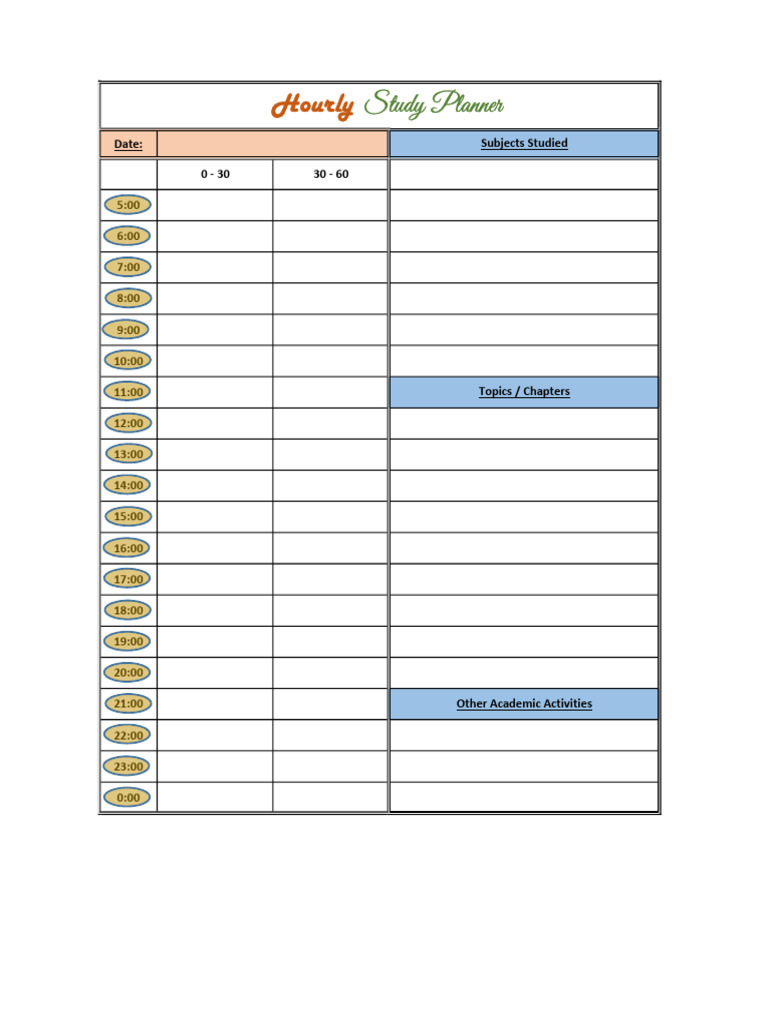 Hourly Study Planner | PDF
