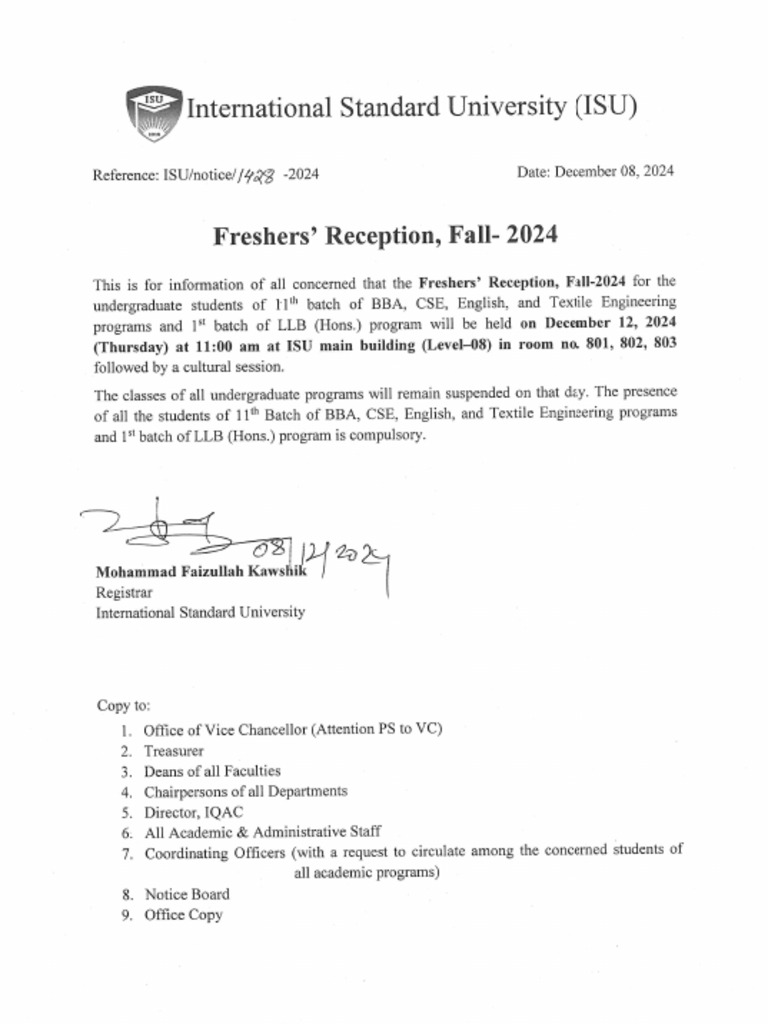 Notice For Freshers' Reception Ceremony Fall 2024 | PDF
