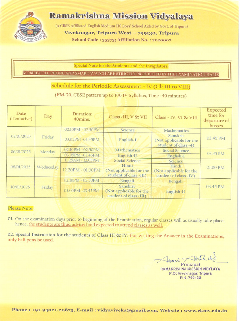Pa - IV (CL - III-Viii) PB & RT - III (Class - Ix & Xii) Routine-2024 ...