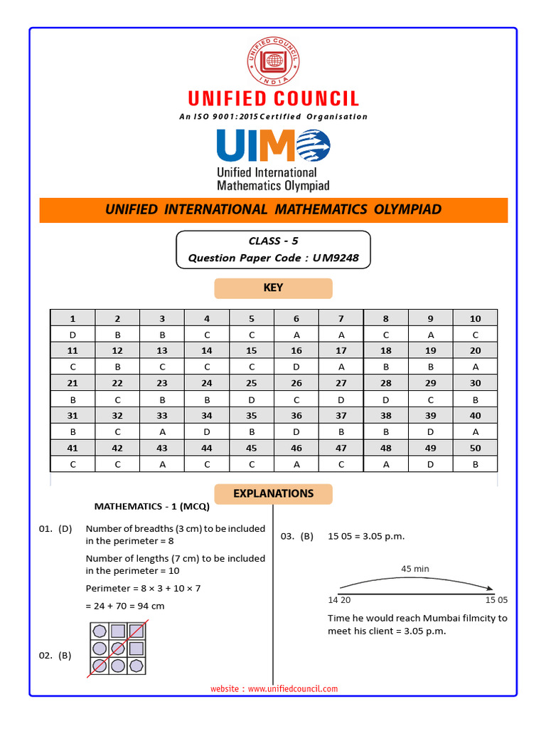 Class 5 Mathematics Olympiad MCQs | PDF | Area | Elementary Mathematics