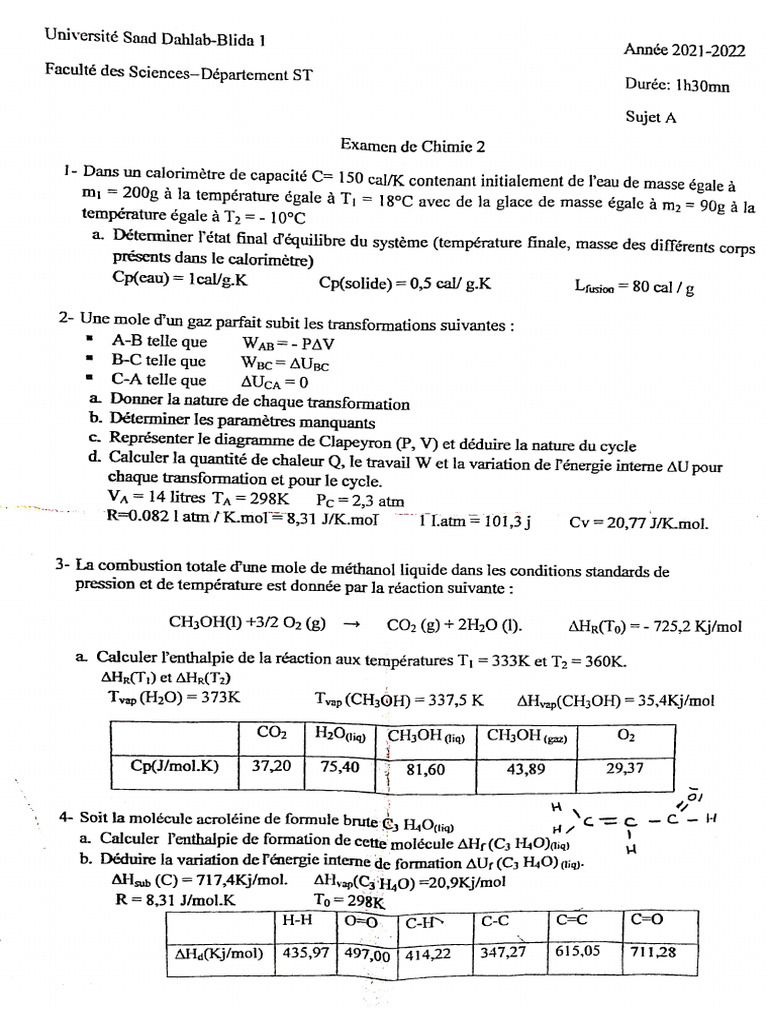 Examen1+Solution Chimie 2 | PDF