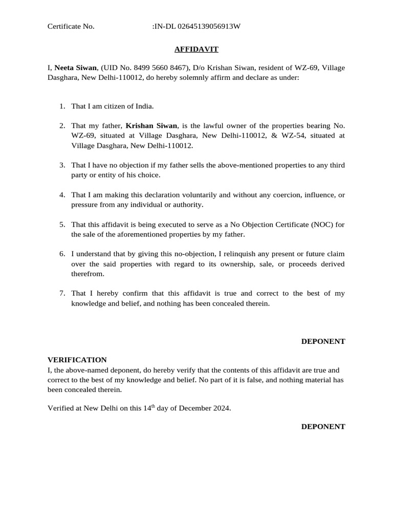 AFFIDAVIT for noc objection certificate for requinsh property kirishan | PDF