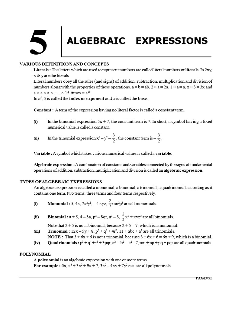 Maths 05 Algebraic Expressions 7th WA - PMD | PDF | Division (Mathematics) | Polynomial