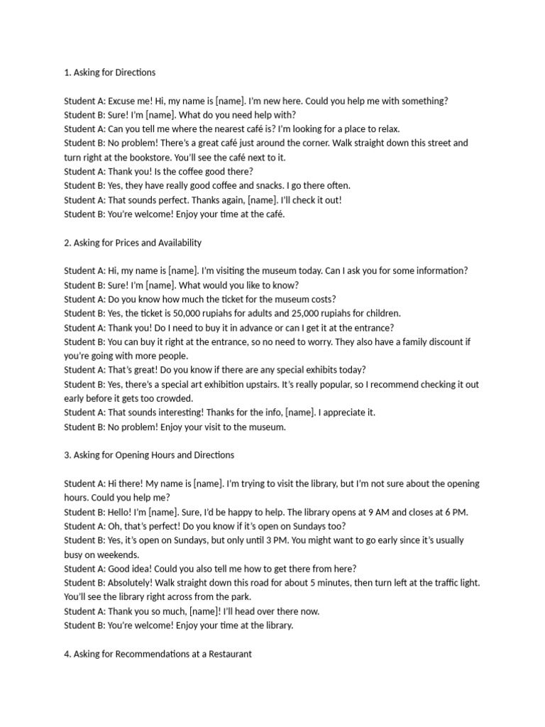 Role Play Dialogue (Asking For Directions) | PDF
