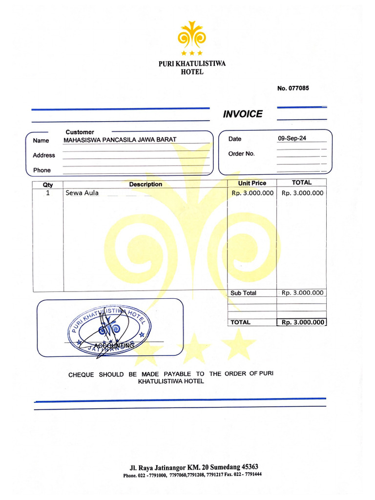 Invoice Mahasiswa Pancasila Jabar Sewa Ruangan | PDF