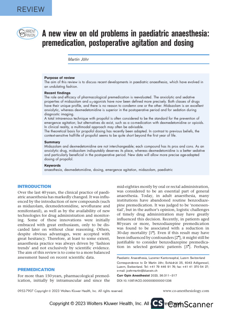 A New View On Old Problems in Paediatric Anaesthesia - Premedication ...