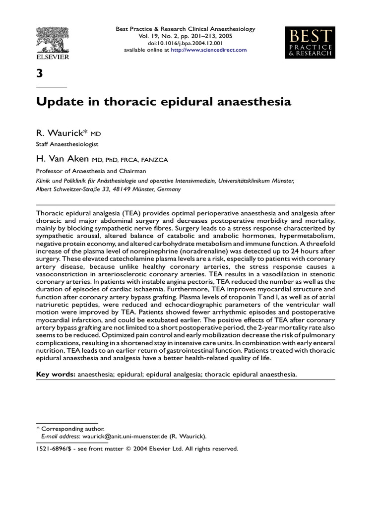 Update in Thoracic Epidural Anaesthesia | PDF | Anesthesia | Myocardial ...