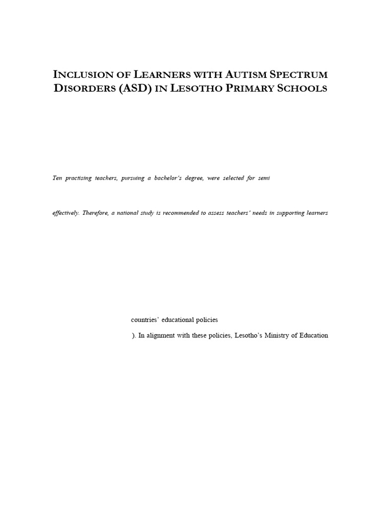 Inclusion of Learners with Autism Spectrum Disorders (ASD) in Lesotho Primary Schools | PDF ...