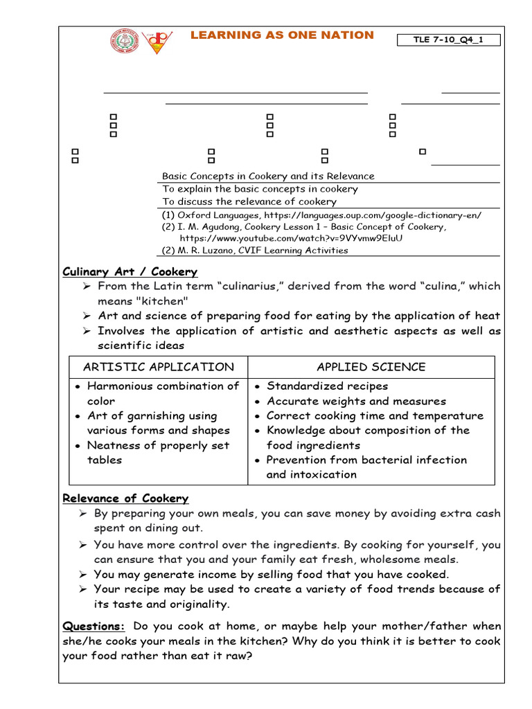 Cookery_1 Basic Concepts in Cookery and Its Relevance | PDF | Cooking ...