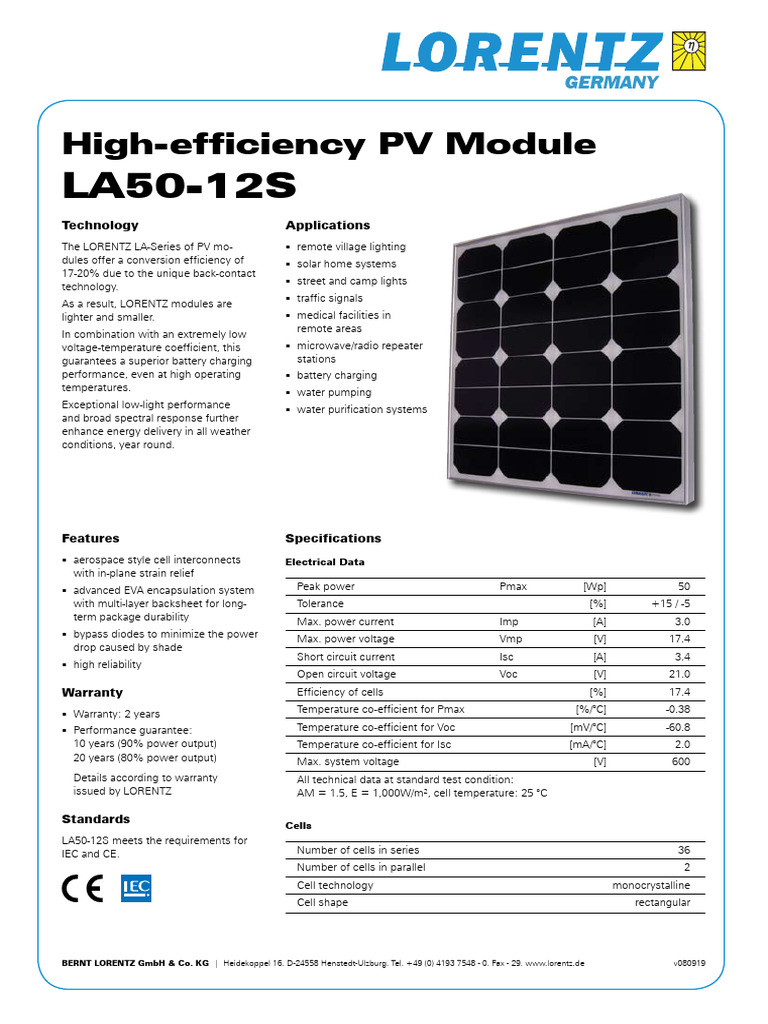 Lorentz Solar PV Module LA50-12S | PDF | Solar Panel | Photovoltaics