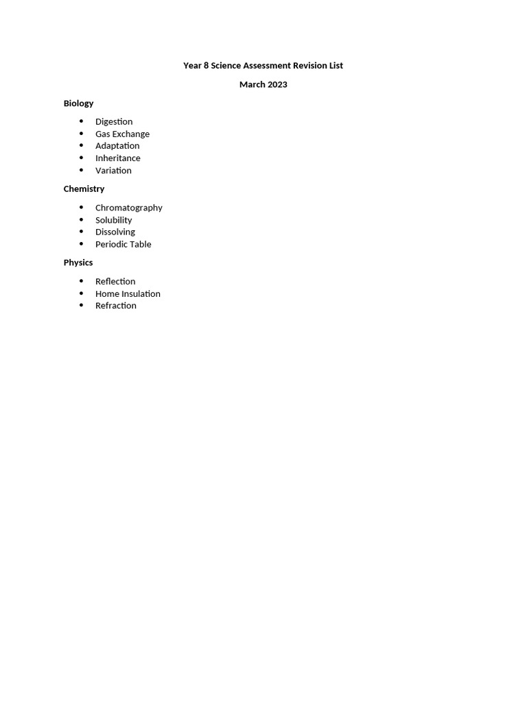 Year 8 Science Assessment Revision List | PDF