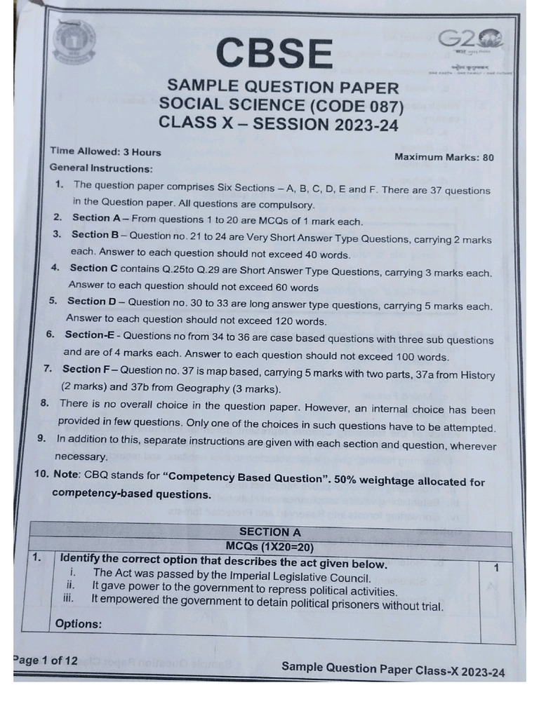 Grade 1o - Social Sample Paper 23-24 | PDF