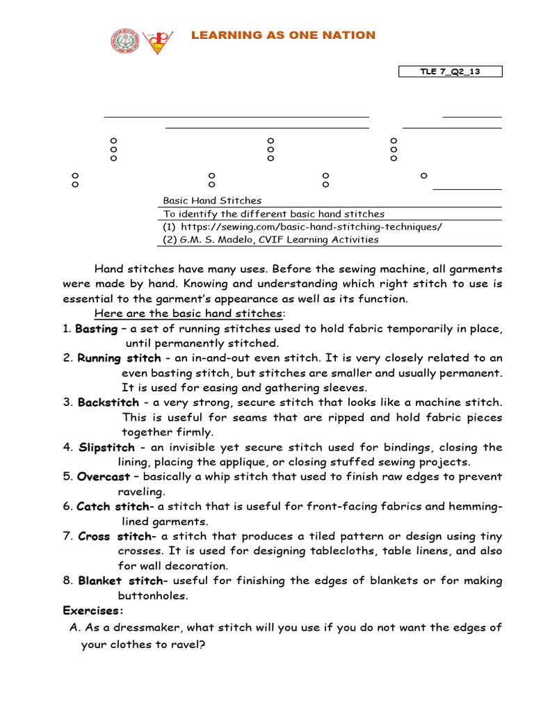 Dressmaking - 13 Basic Hand Stitches | PDF | Textile Arts | Sewing