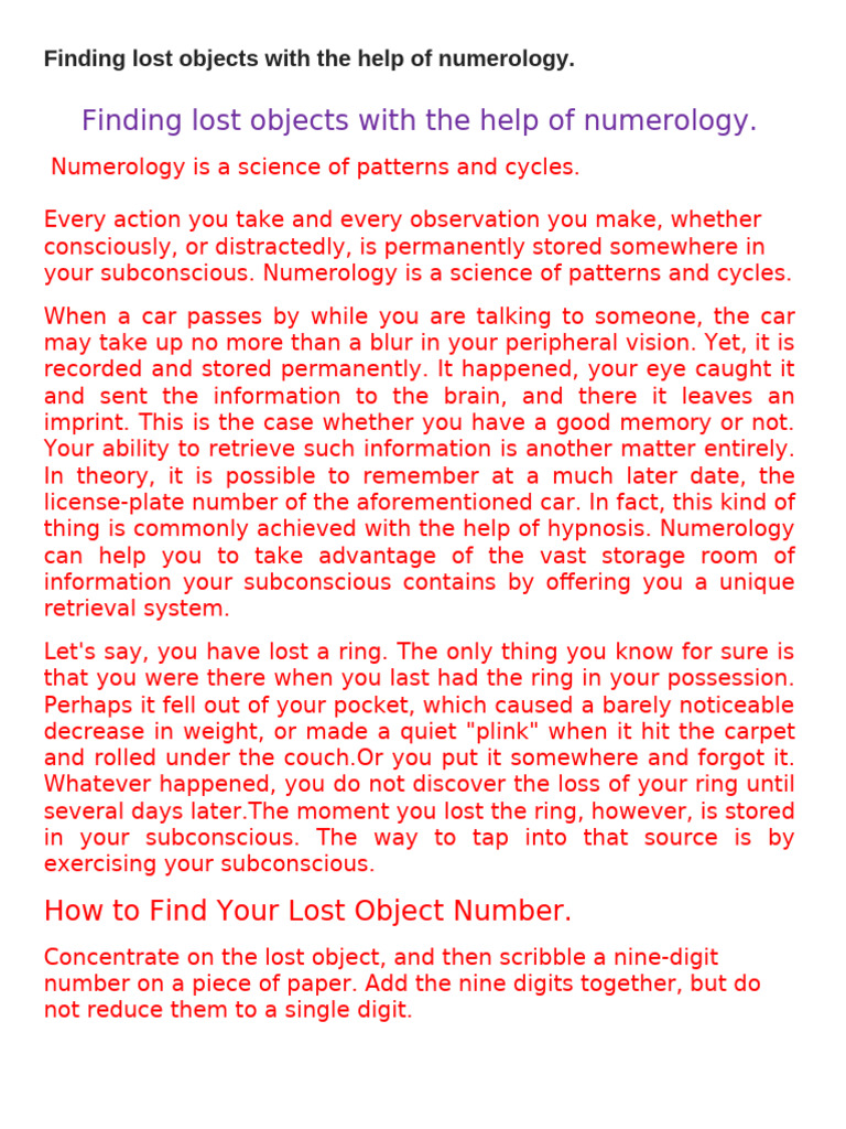 Finding Lost Objects With The Help of Numerology. | PDF | Information