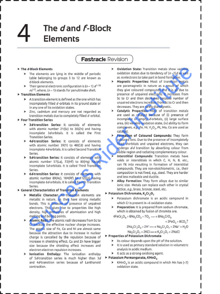 12th Chemistry (F and D Block Elements) IMP Questions and PYQ | PDF